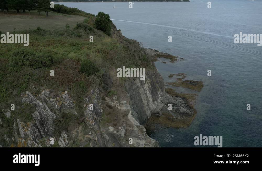 Drone view of cliff in Ría de Betanzos, Praia de Ares, Spain Stock ...