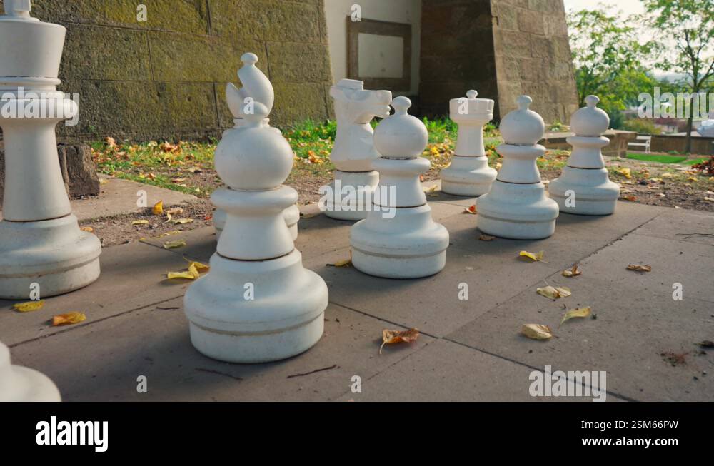 Large chess set containing white pieces ready to play the game and ...