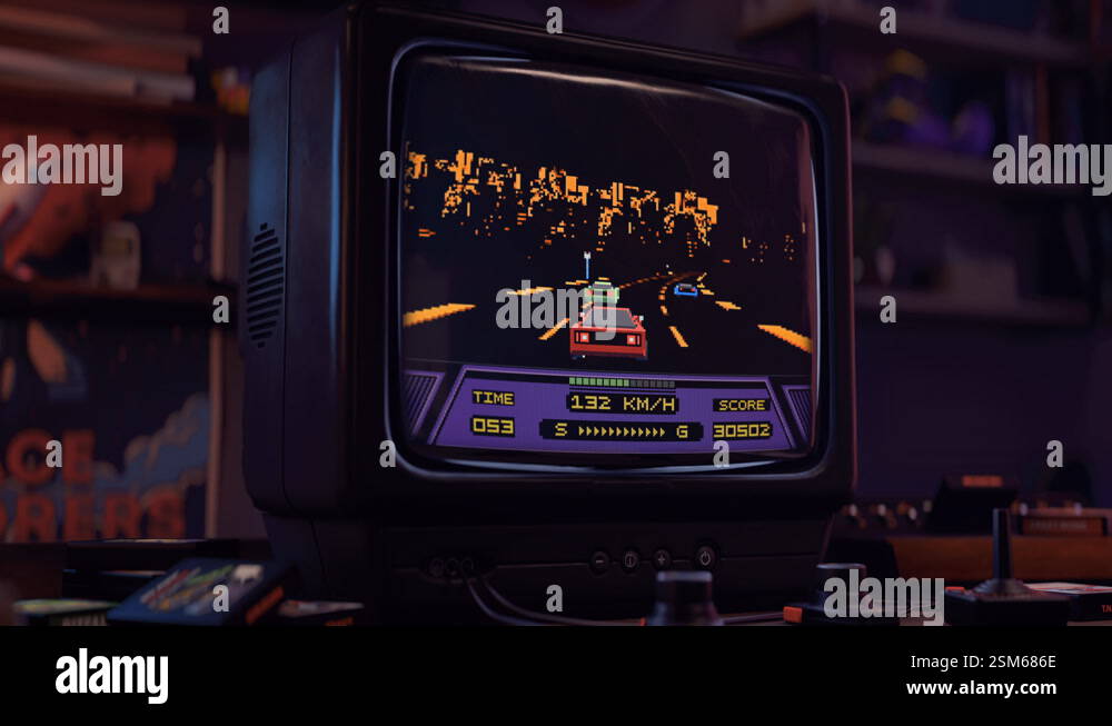 Playing the nostalgia arcade game using a red car on the night city map ...