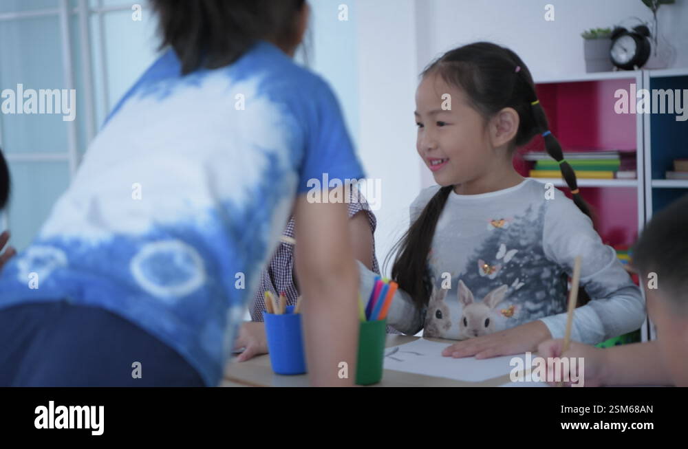 Educational concept of 4k Resolution. Kindergarten children drawing fun ...