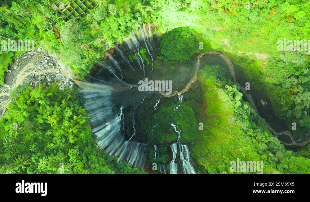 Aerial top view Tumpak Sewu waterfall located in Lumajang, East Java ...