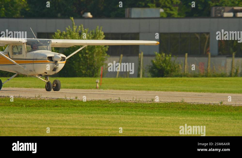Arrival of a small aircraft model Cessna. Small private single engine ...