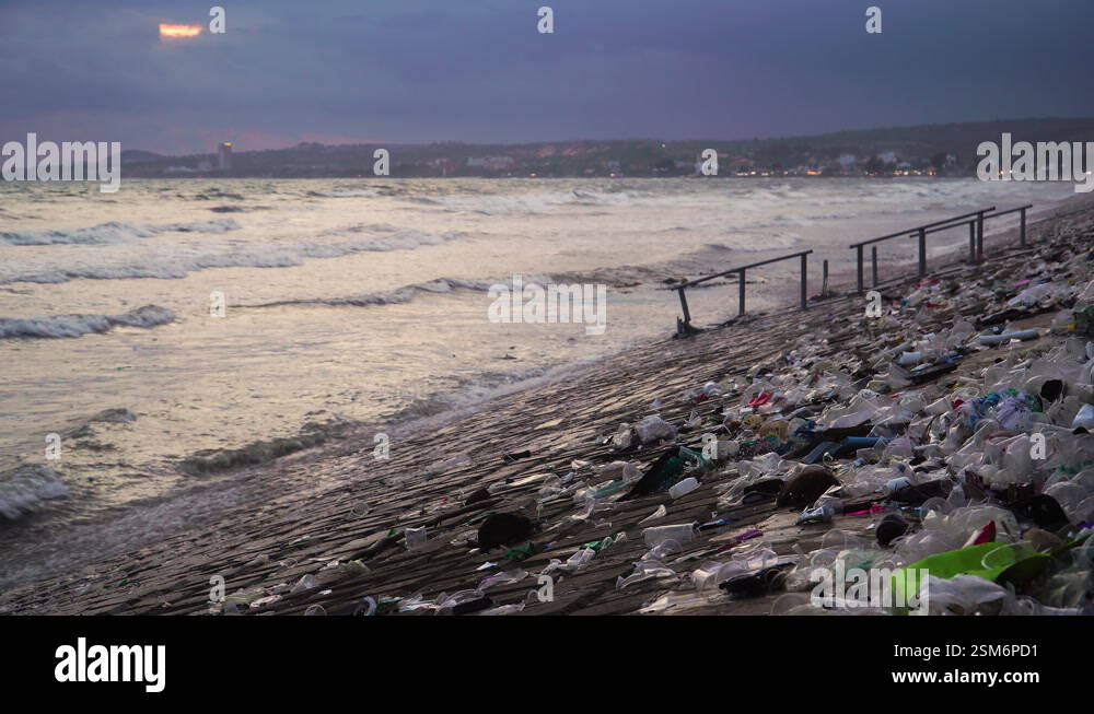 Coastal Environmental Disaster. Plastic Rubbish Washed Up On A Sea Wall ...
