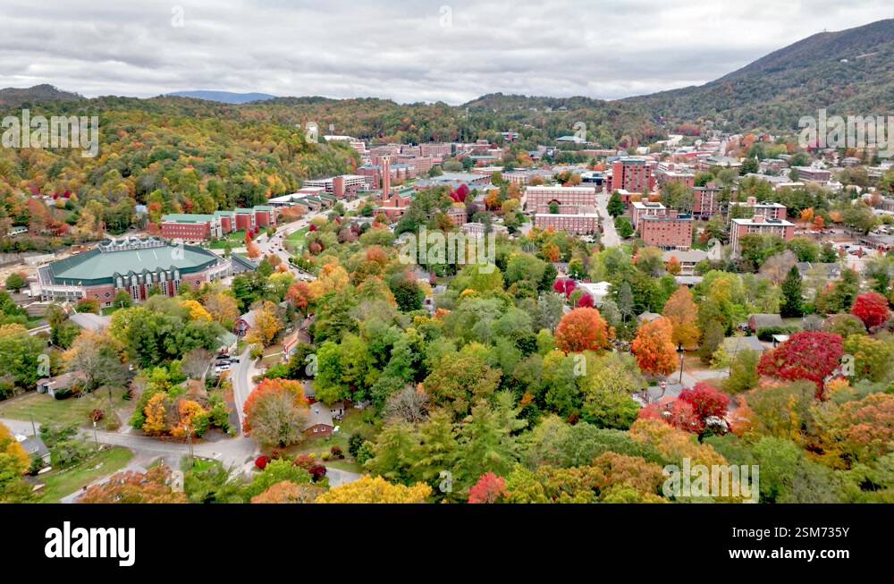 aerial push in to boone nc, north carolina and the appalachian state ...