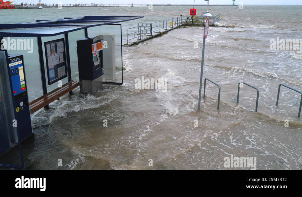 due to a heavy storm tide parts of the harbor of Travemuende are under ...