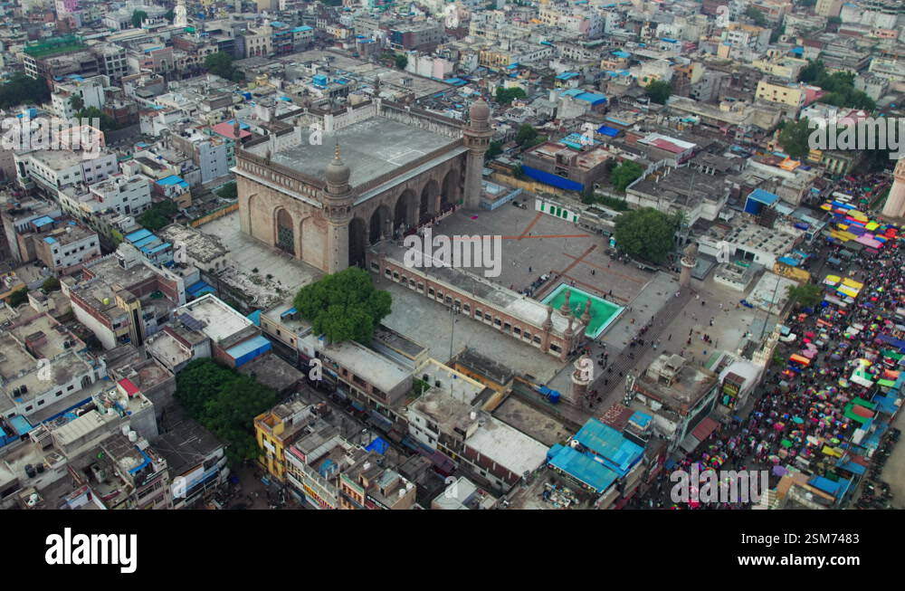 Mecca Masjid hyderabad areal view drone shot with charminar and market ...