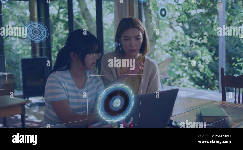 Animation of data processing against asian mother and daughter using ...