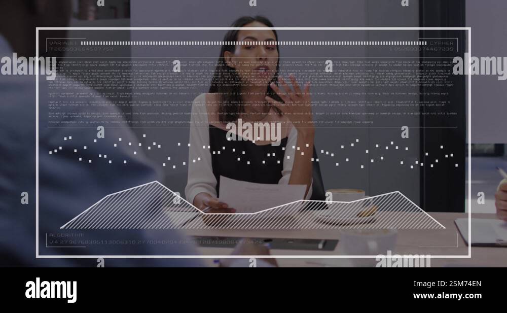 Animation of data processing on biracial woman with document discussing ...
