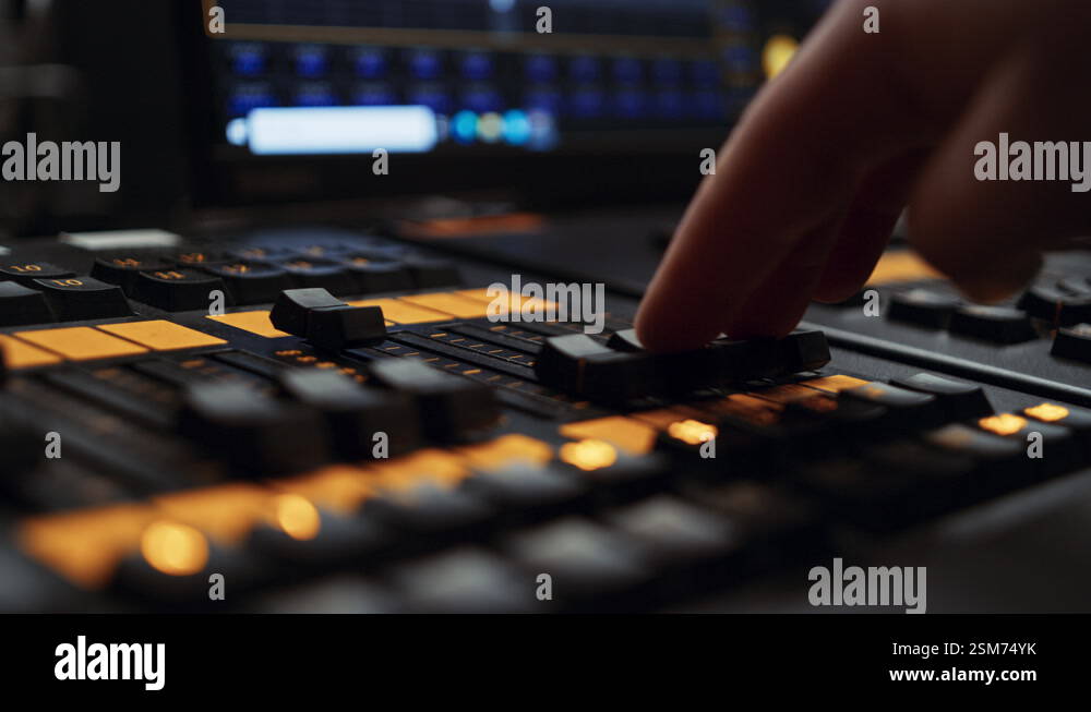 Two faders of a professional dmx lighting control desk console panel ...