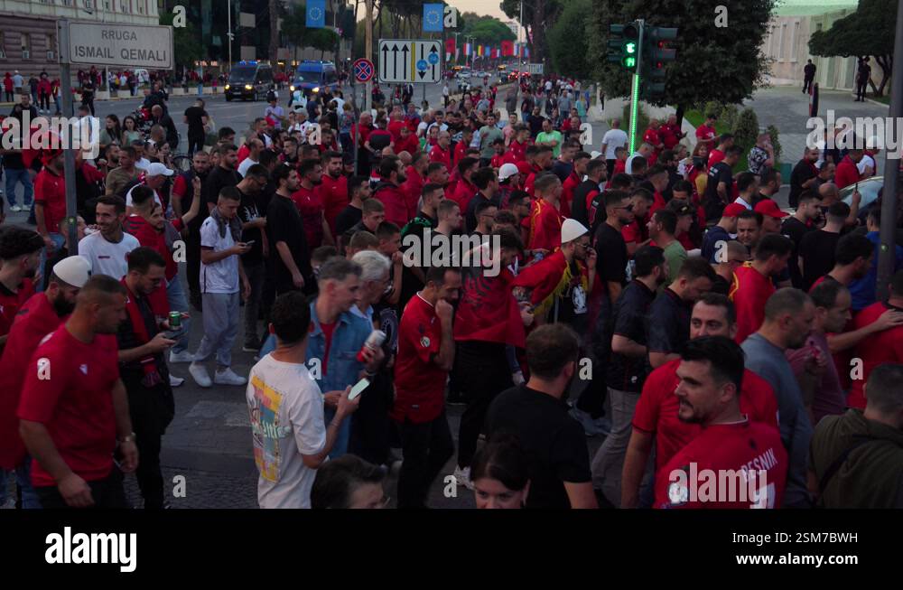 Crowd of Albanian Football Fans in Team Shirts, Cheering on the Streets ...