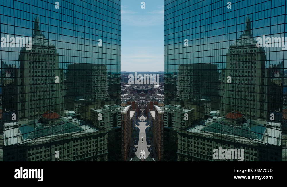 Fly around modern office downtown skyscraper with glossy glass facade ...