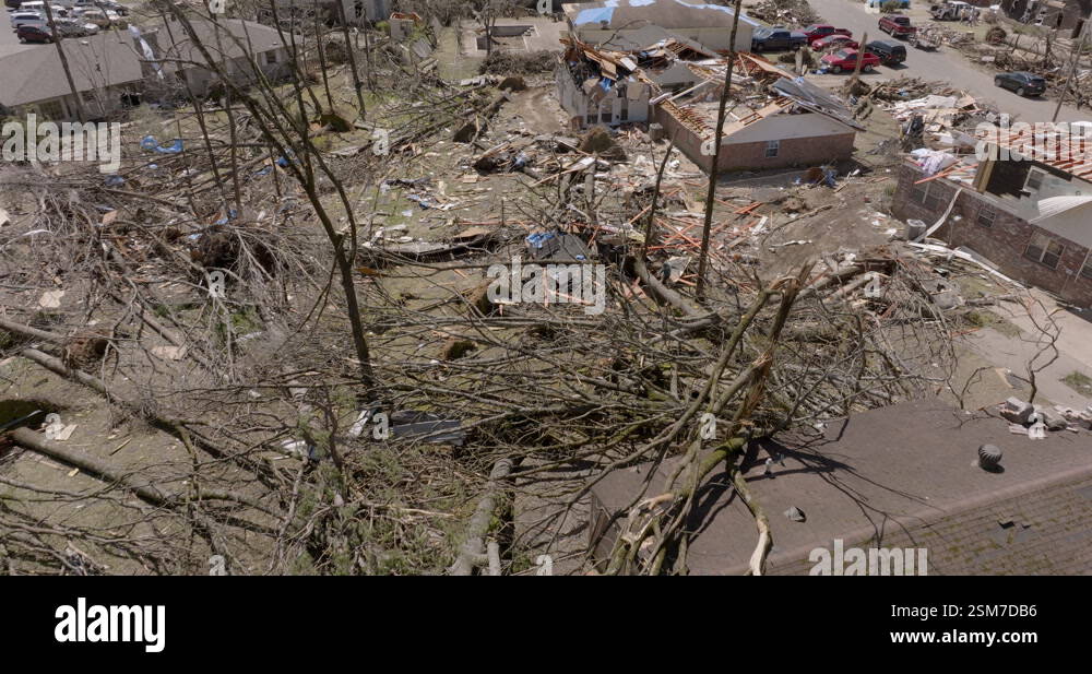 Aerial Of Fallen Trees And Destructed Houses In City, Drone Flying Over ...