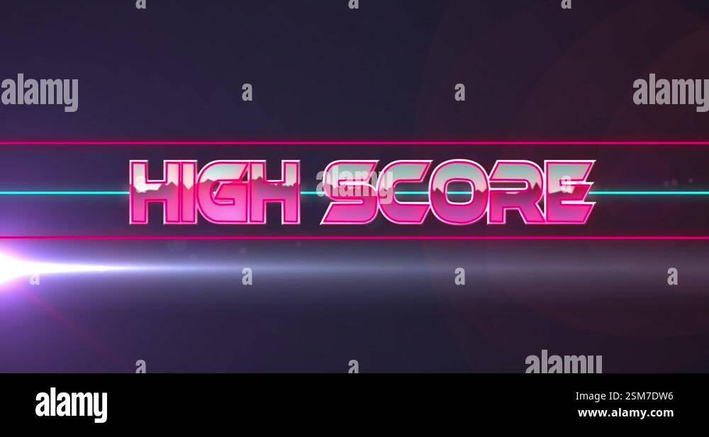 Animation of high score text over neon banner and light spot against ...