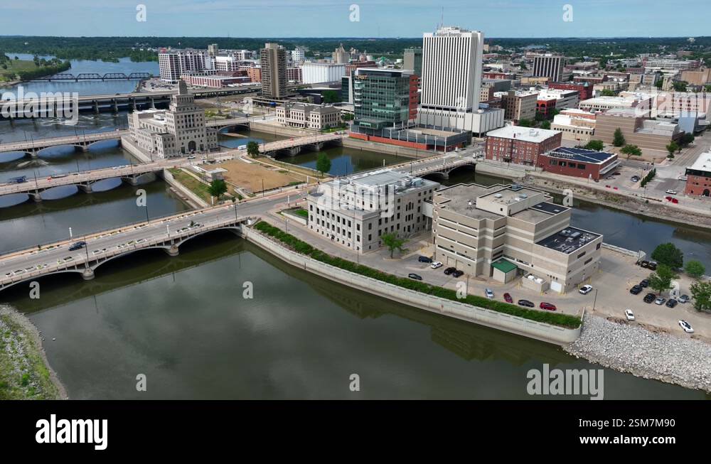 Mays Island in Cedar Rapids, Iowa. Aerial orbit above Cedar River on ...