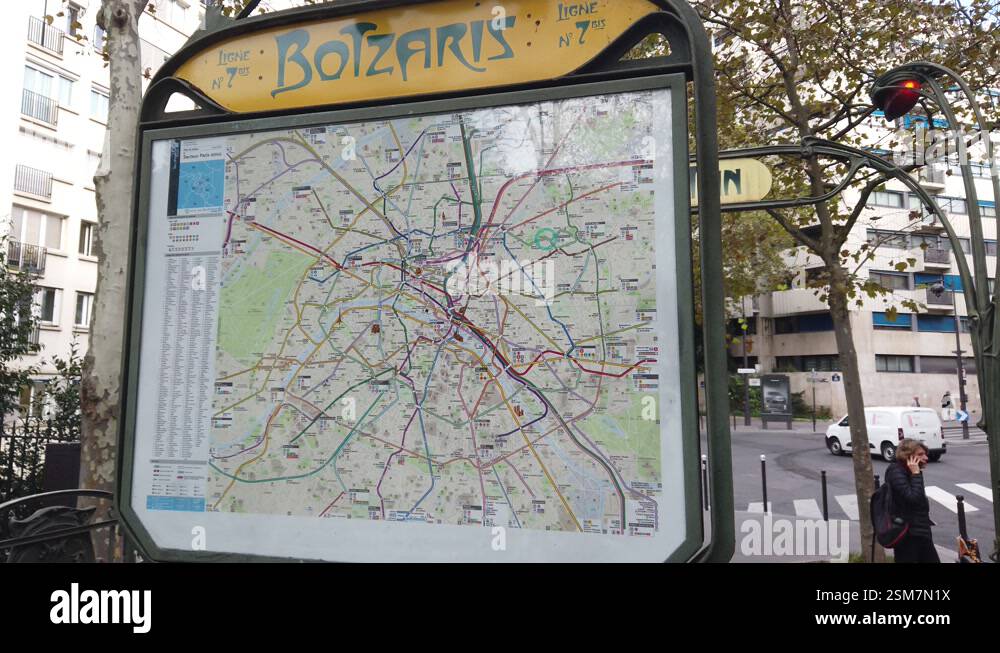 Paris Metro Sign of Botzaris Station, Map of the City Urban Lines ...