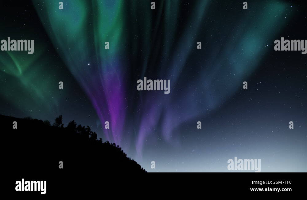 Aurora Dance Amidst Starry Sky Above Mountain Forest Loop 8K Stock ...