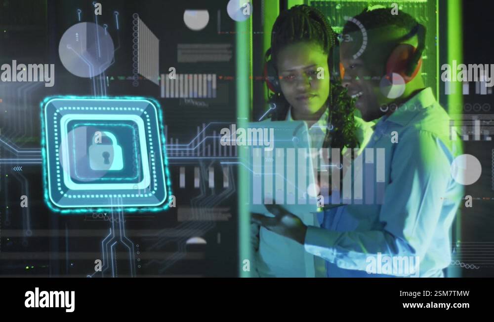 Animation of security padlock over african american male female ...