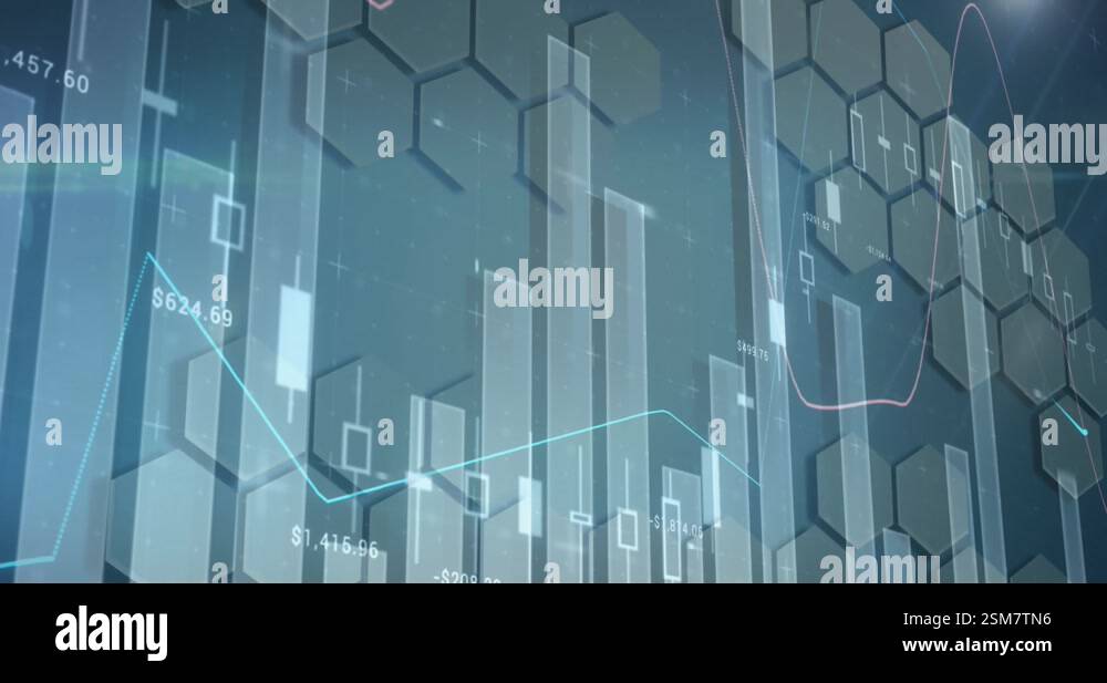 Animation of statistical data processing against hexagonal 3d shapes ...
