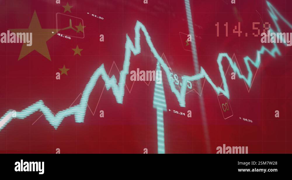 Animation of financial data processing against waving china flag ...