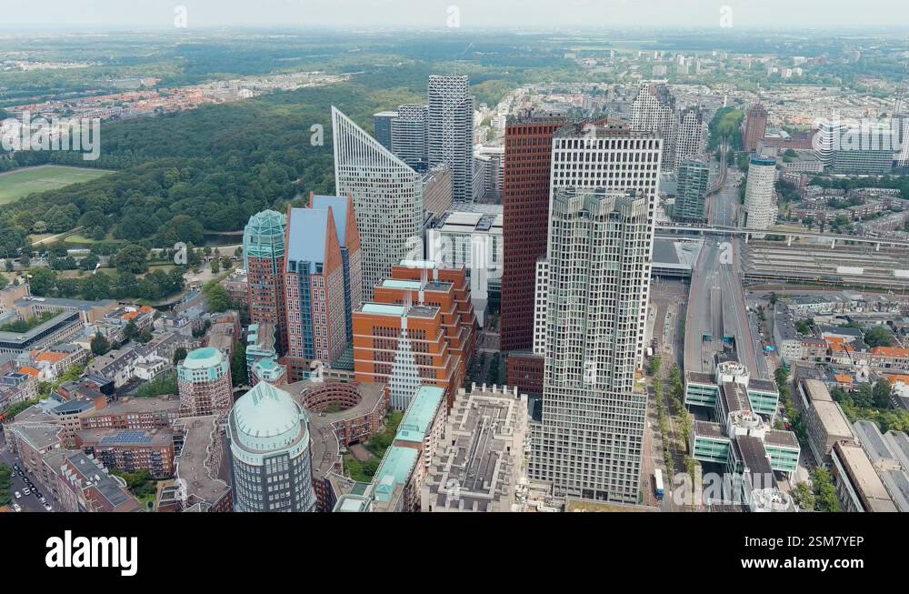 The Hague, Netherlands. Business center of The Hague. Large train ...