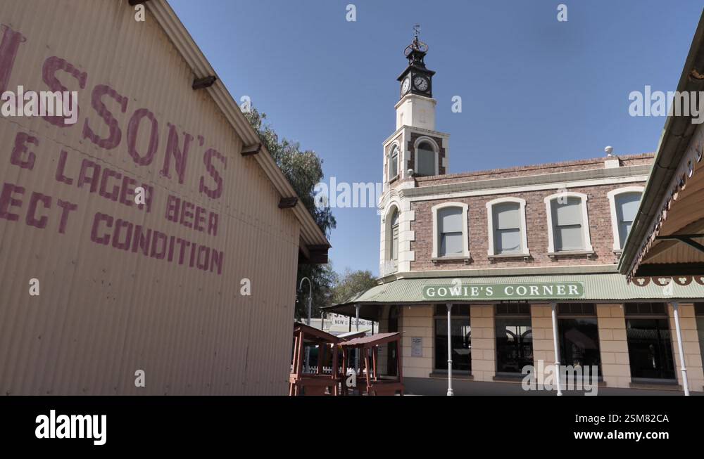 Establishing shot: Clock tower in restored Old Town at Kimberley, RSA ...