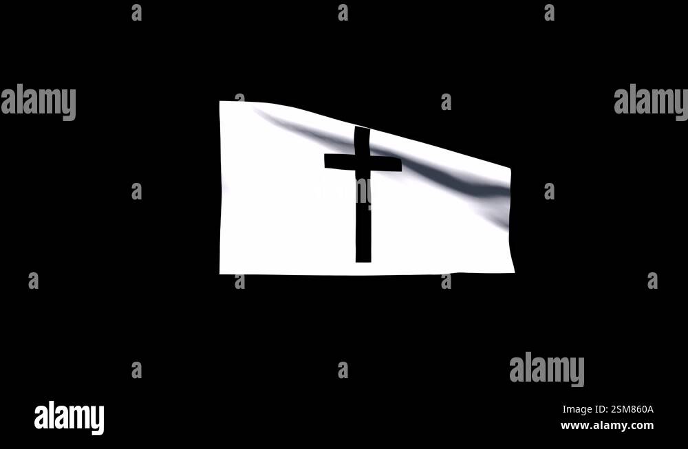 a flag with Christianity symbol on it, waving on black background, with ...