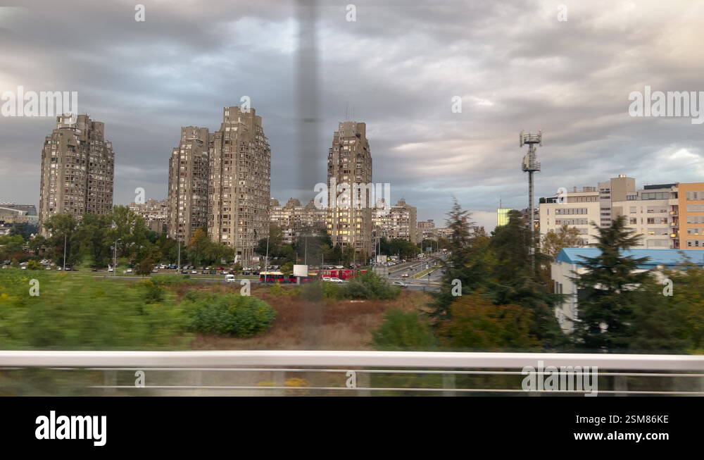 Belgrade cityscape, capital of Serbia, from a passenger train window ...