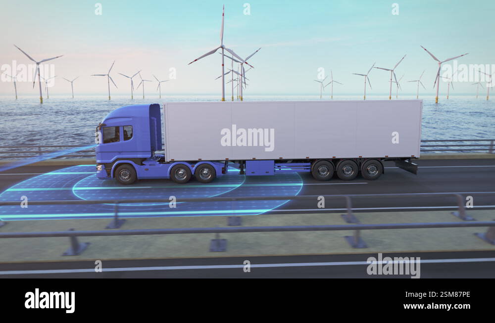 autonomous electric semi truck driving along a bridge with sensor ...