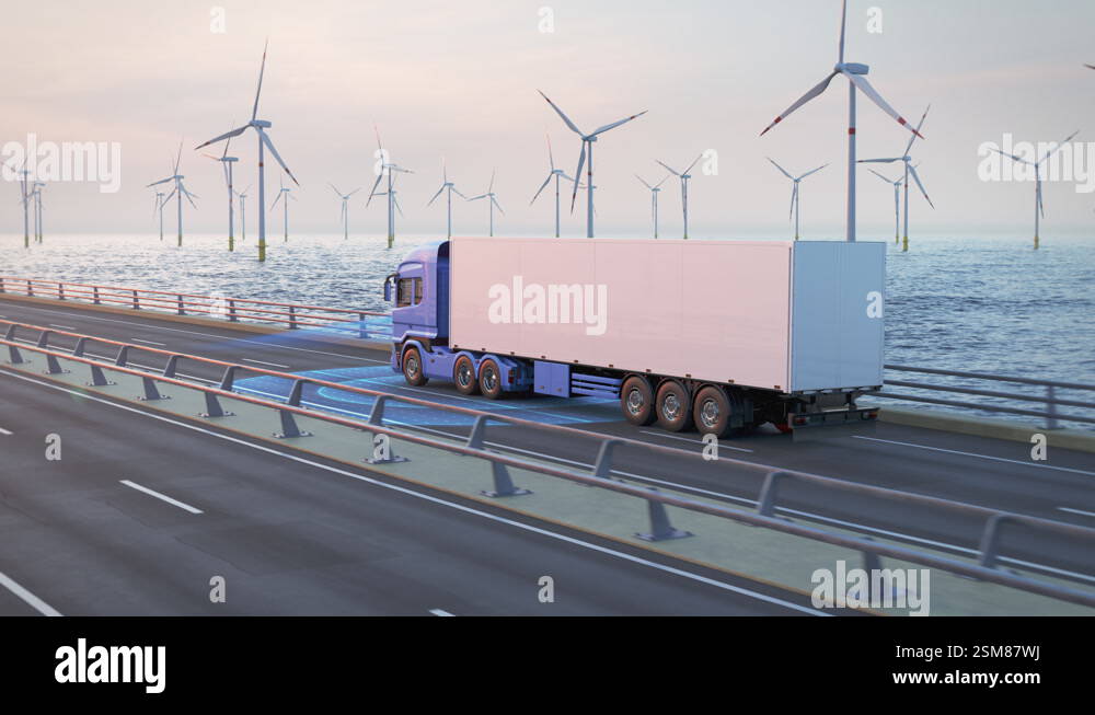 autonomous electric semi truck driving along a bridge with sensor ...