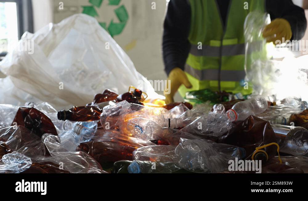PET Plastics Recycling Plant. A sorting center worker sorts plastic ...