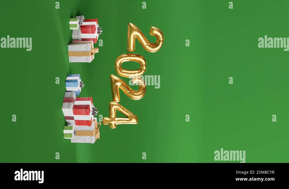 Celebrating 2024 with Golden Balloons and Gifts on green background ...