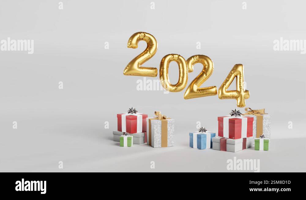 Celebrating 2024 with Golden Balloons and Gifts on white background ...