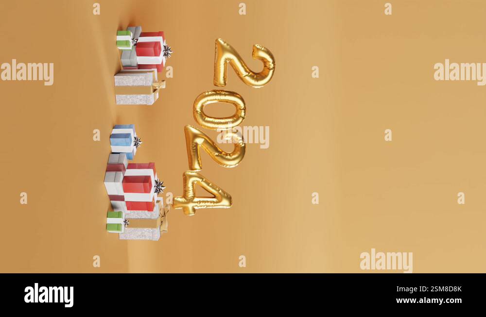 Celebrating 2024 with Golden Balloons and Gifts on yellow background ...