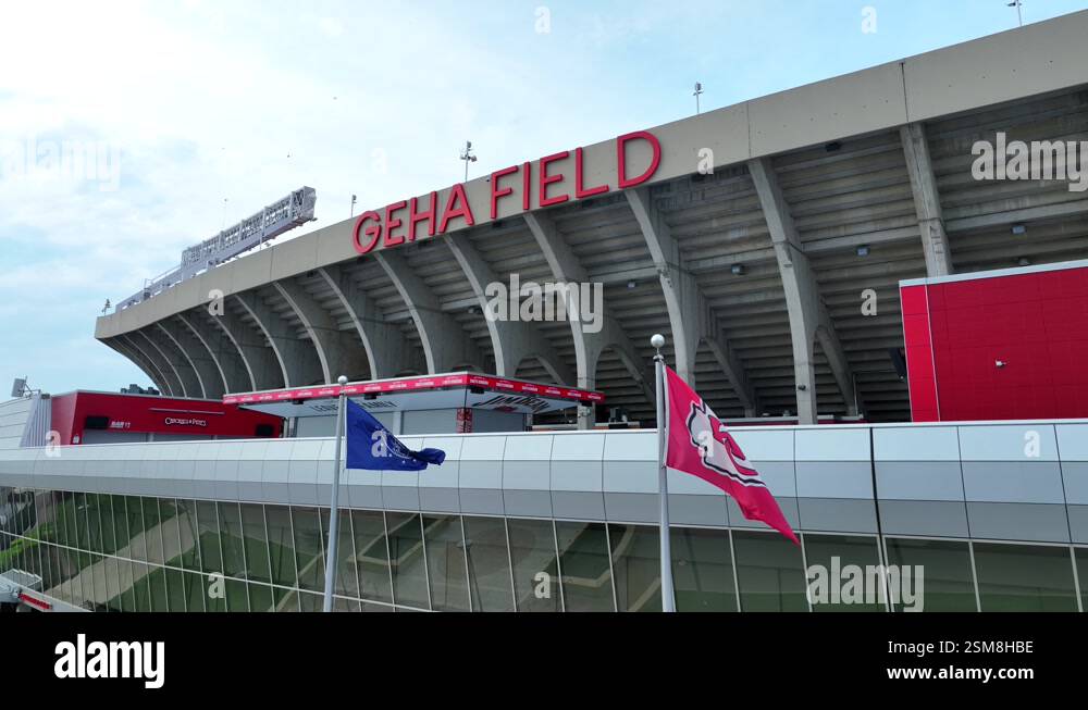 GEHA Field facade, featuring red signage and flags, with the iconic ...