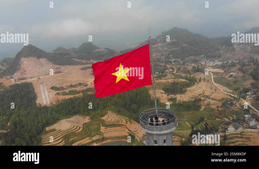 Lung Cu Flag Point at chinese border in Vietnam, aerial Stock Video ...