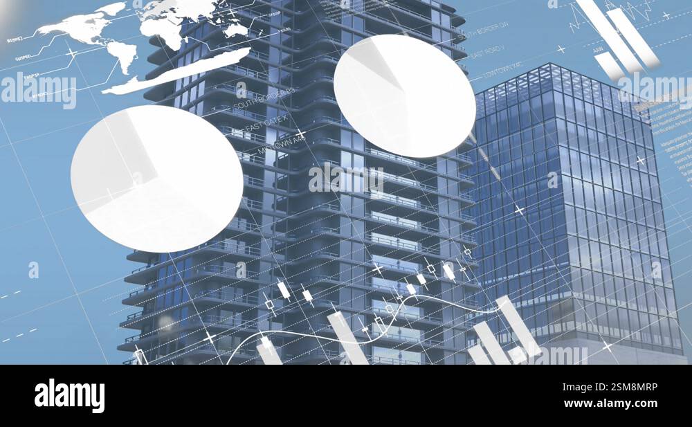 Animation of statistical data processing against low angle view of tall ...