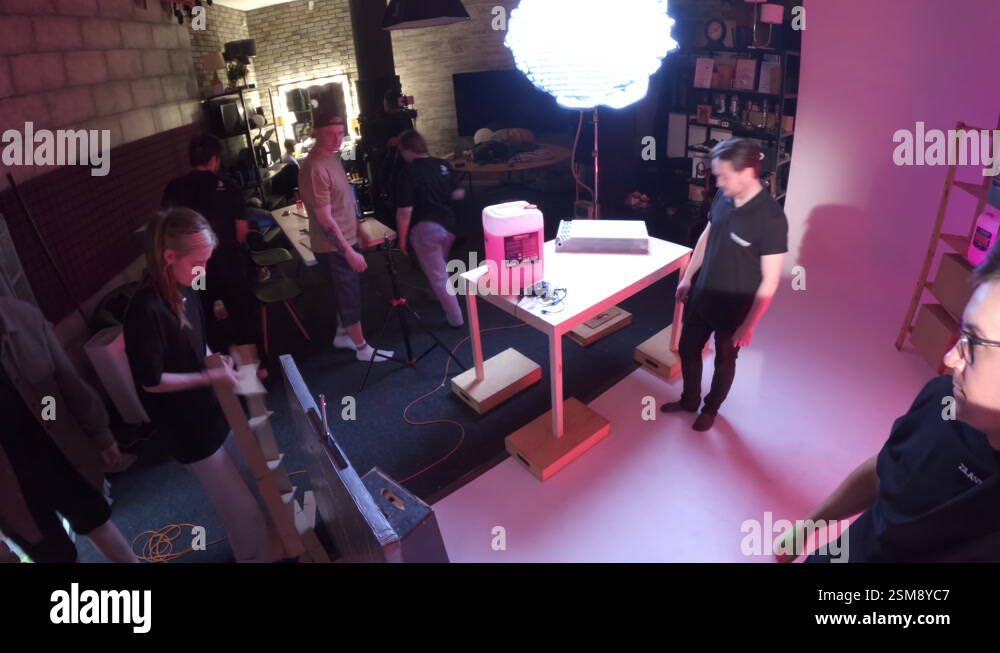 Film crew arranges equipment for video shooting time lapse Stock Video ...