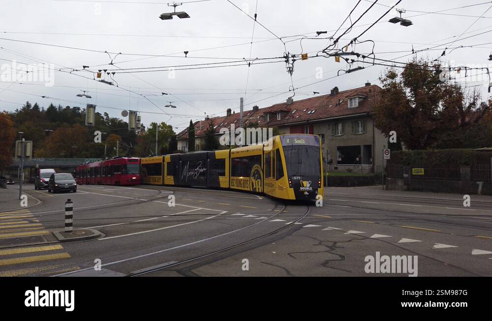 Trams Trains ride in Bern Drive the Streets of Switzerland in Autumn ...