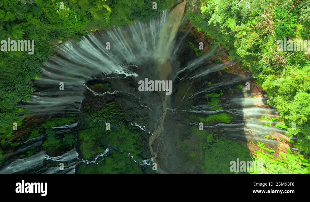 Aerial top view powerful Tumpak Sewu waterfall located in Lumajang ...