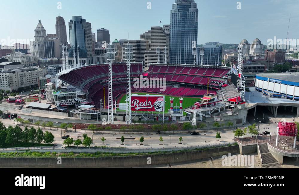 Great American Ball Park. Aerial reveal of Cincinnati skyline and Stock ...