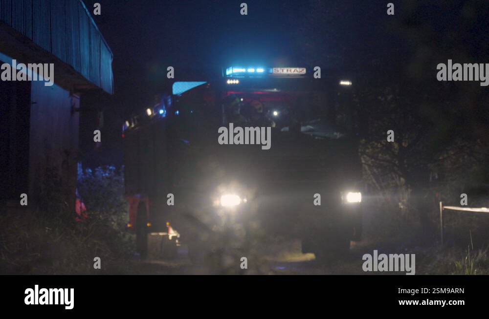 Fire Truck with Emergency Lights On at Night Rescue Call Stock Video ...