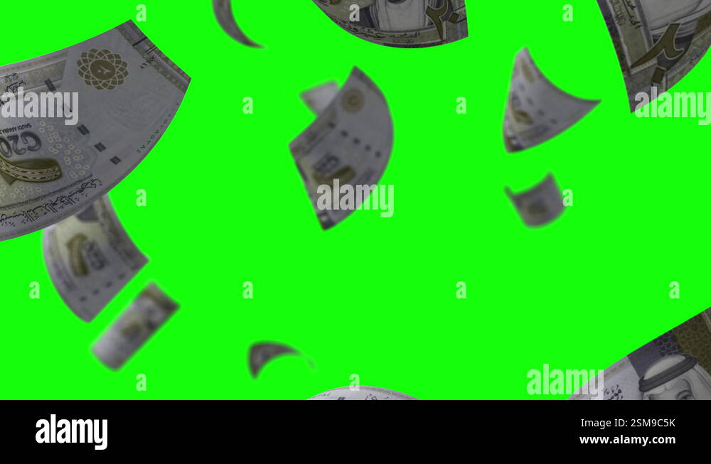 Falling Saudi Arabia riyal banknotes. Seamless loop Green screen Stock ...