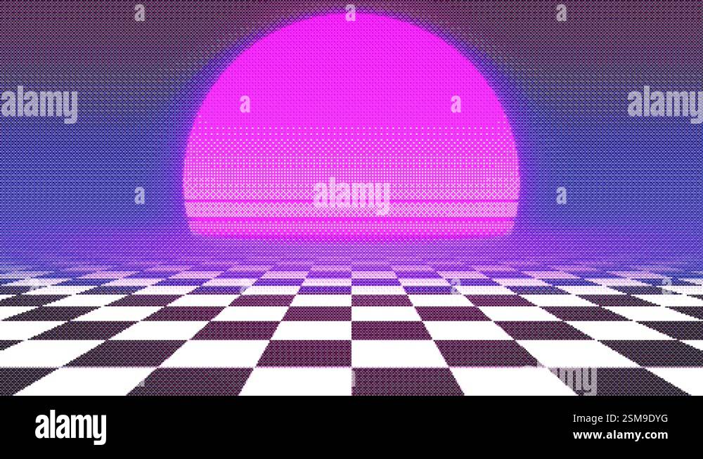 Retro background with black and white checkered floor, vaporwave ...