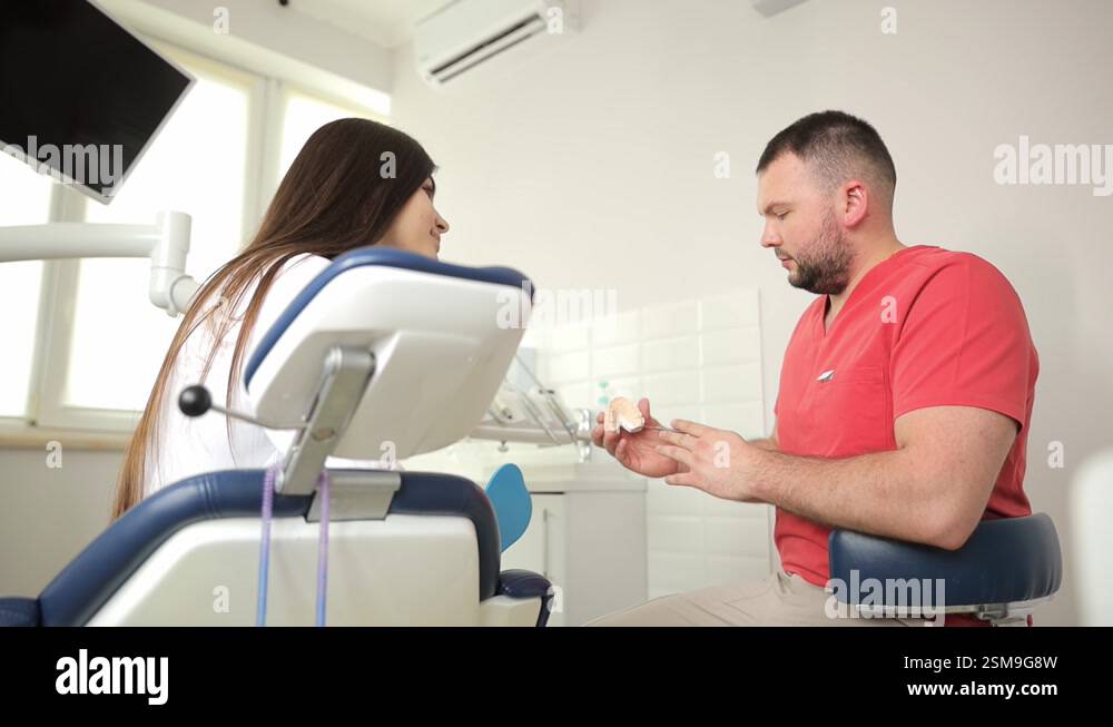 Dentist showing the correct dental hygiene using mock-up of skeleton of ...