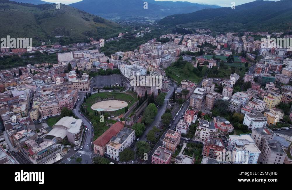 Rocca Pia historical castle at the centre of Tivoli, aerial toward ...