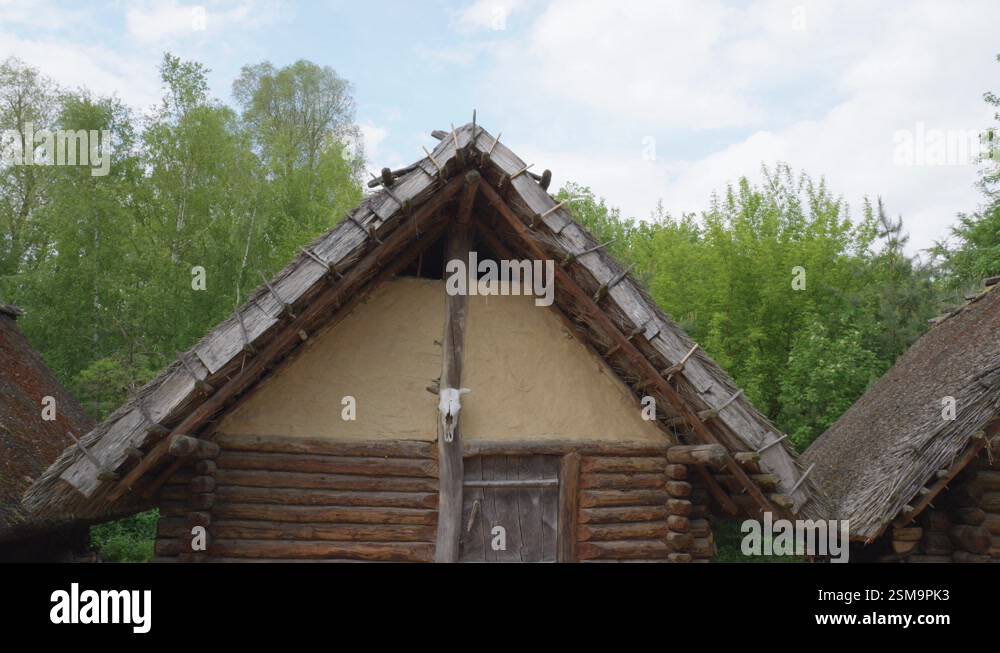 Ancient Wooden Slavic House with a skull - Biskupin, Poland - tilt down ...