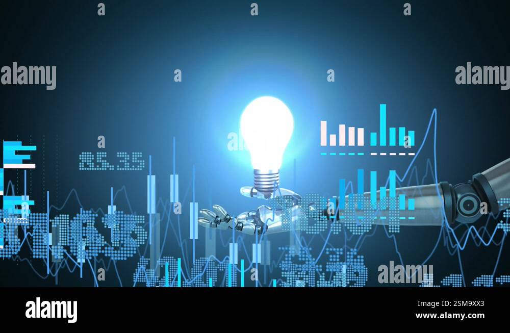 Animation of data processing against electric bulb floating over ...