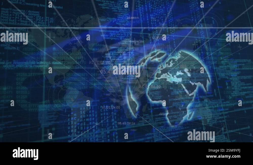 Animation of blue digital wave over spinning globe, world map and ...