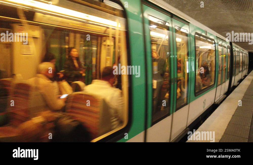 Two Metro Trains with People Arrive to Underground Station Blanche ...