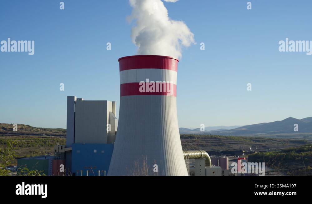 Coal fired power station plant Smoke Steam Chimney rural sunny clear ...